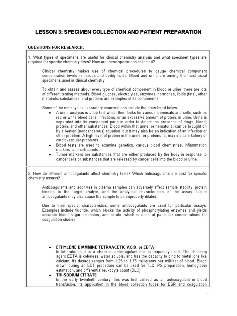 Clinical Chemistry - Specimen Collection and Patient Preparation | PDF ...