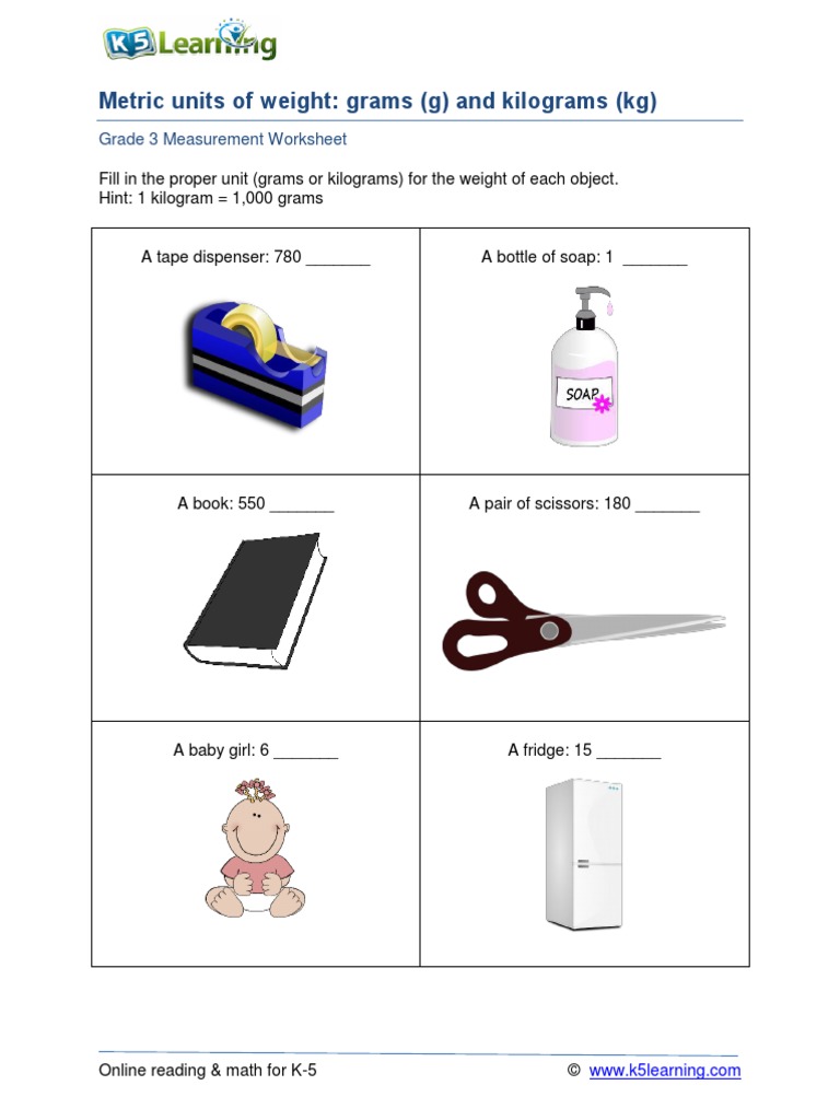 Grade 3 Measurement Units of Weight Metric B | PDF