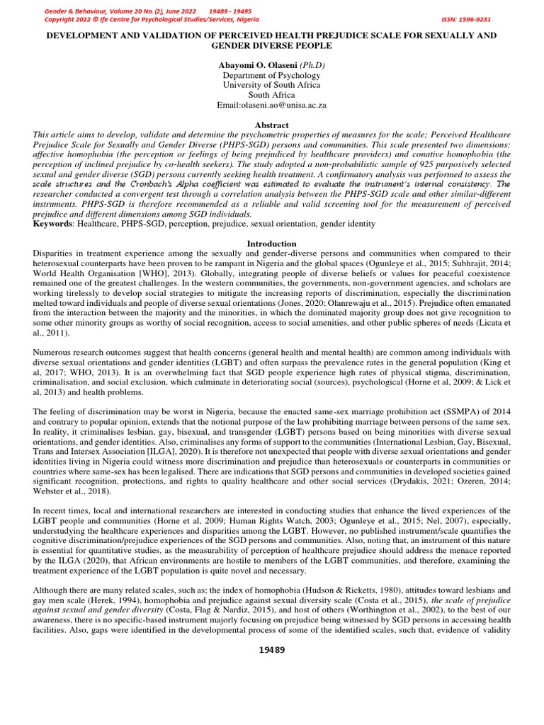 Development and Validation of Perceived Health Prejudice Scale For Sexually and | PDF | Social ...