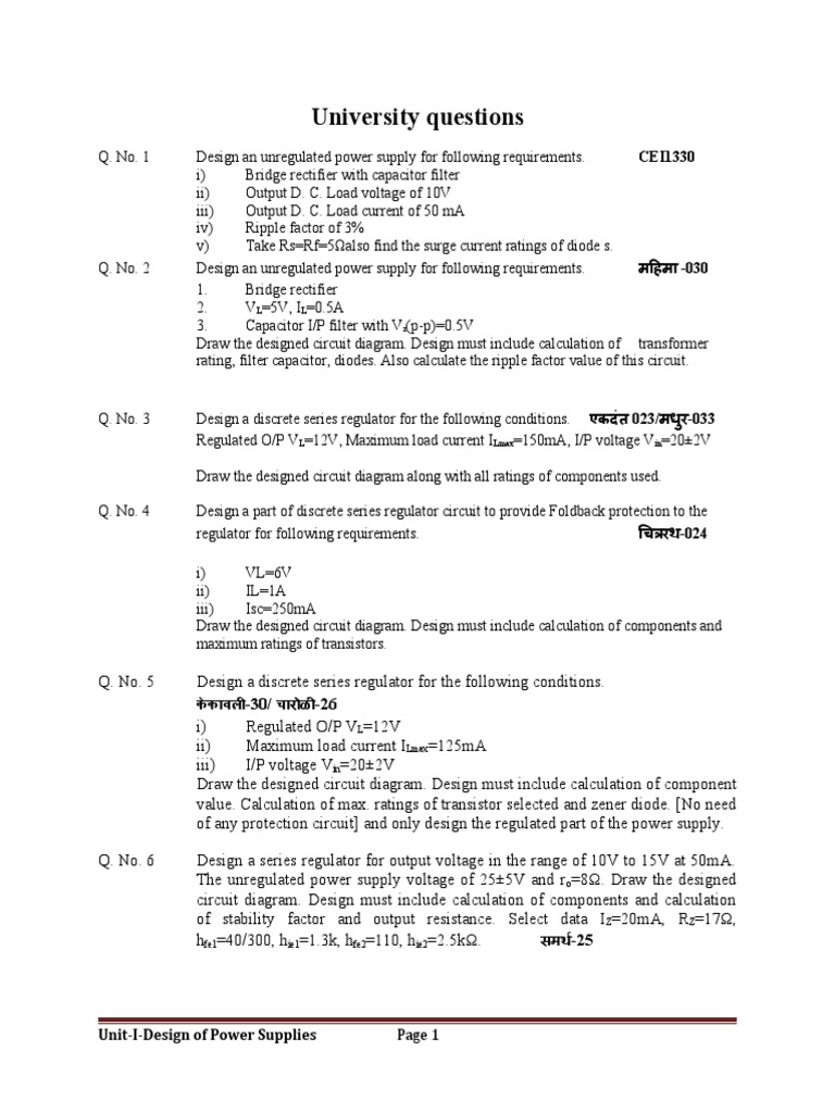 Unit-I University Questions | PDF | Power Supply | Rectifier