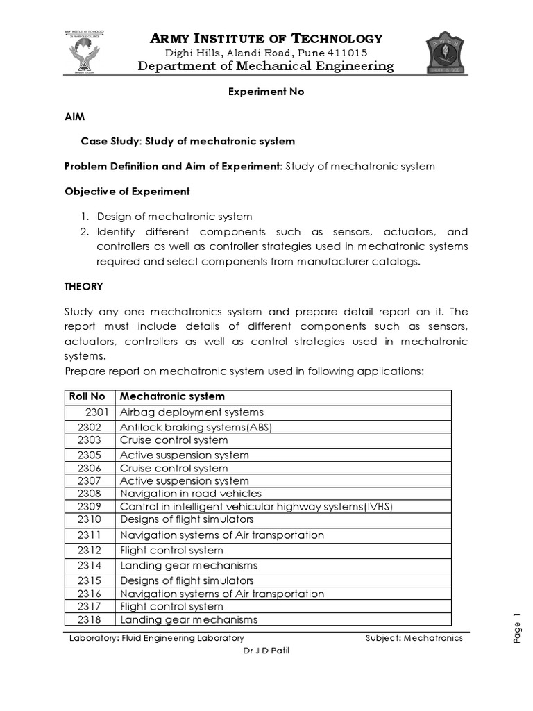 Expt 08 - Study of Mechatronic System - List of Topics | PDF ...