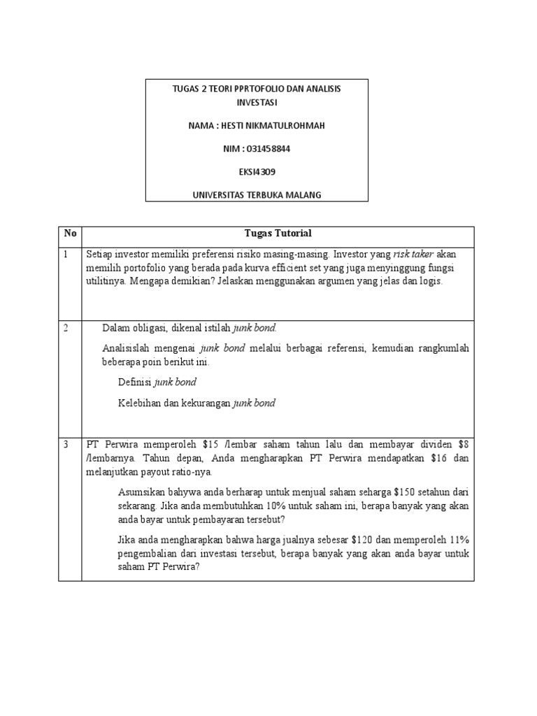 Tugas 2 Teori Portofolio Dan Analisis Investasi | PDF