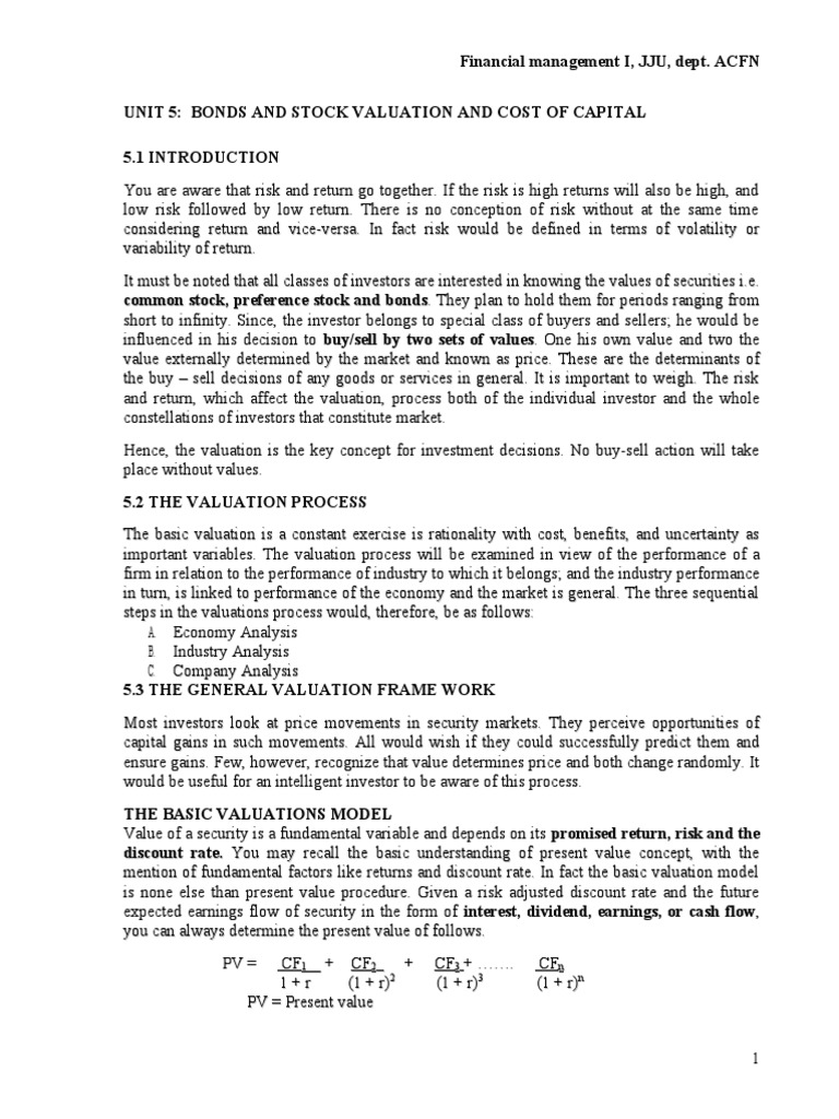 Unit 5 Bonds and Stock Valuation and Cost of Capital | PDF | Cost Of Capital | Bonds (Finance)