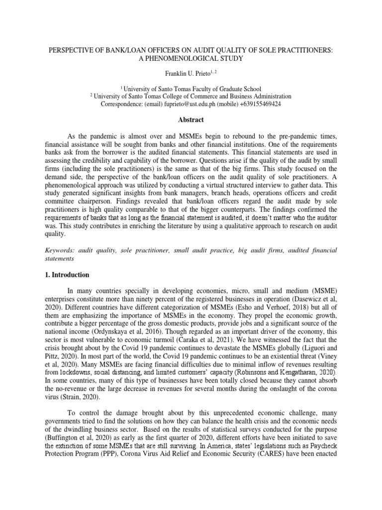 Perspective of Loan Officers On Audit Quality of Sole Practitioners For NACPAE Submission | PDF