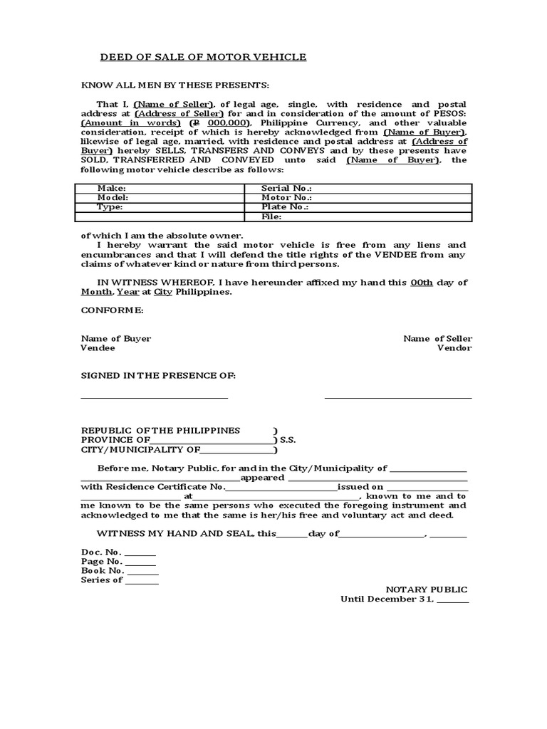 Motor Vehicle Sale Agreement Template | PDF | Law