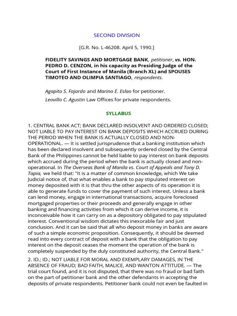 Fidelity Savings v. Hon. Cenzon | PDF | Banks | Lawsuit