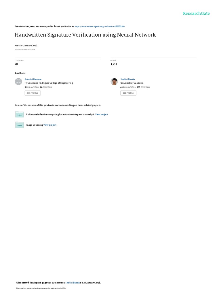 Handwritten Signature Verification Using Neural Ne Pdf Artificial Neural Network Signature