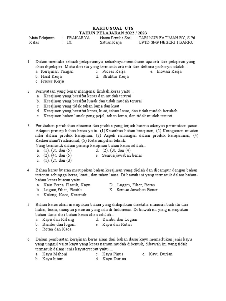 Soal PTS Prakarya Kelas 9 | PDF