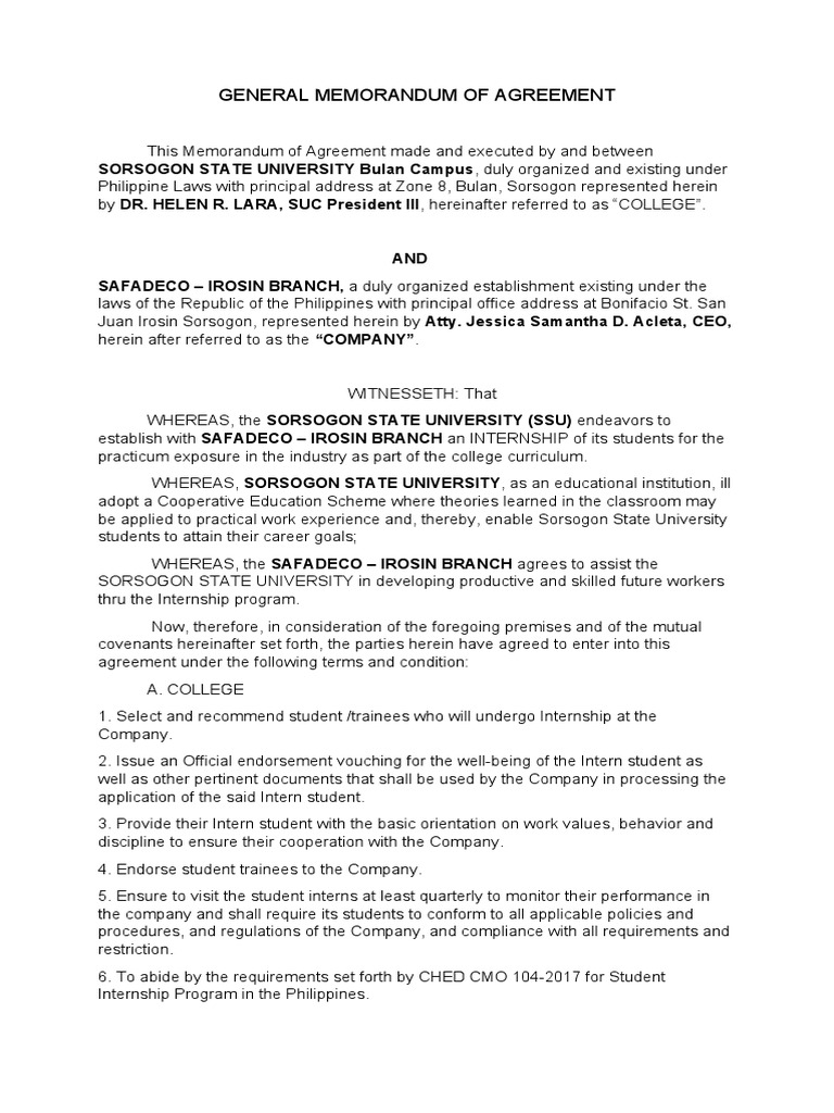 SSU-Safadeco Internship Agreement | PDF | Justice | Crime & Violence