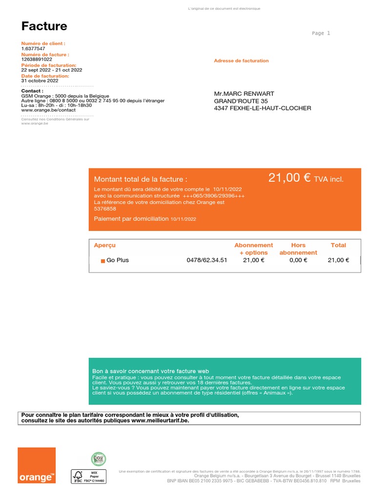 Montant total de la facture : 21,00 € | PDF | Facture | Télécommunications