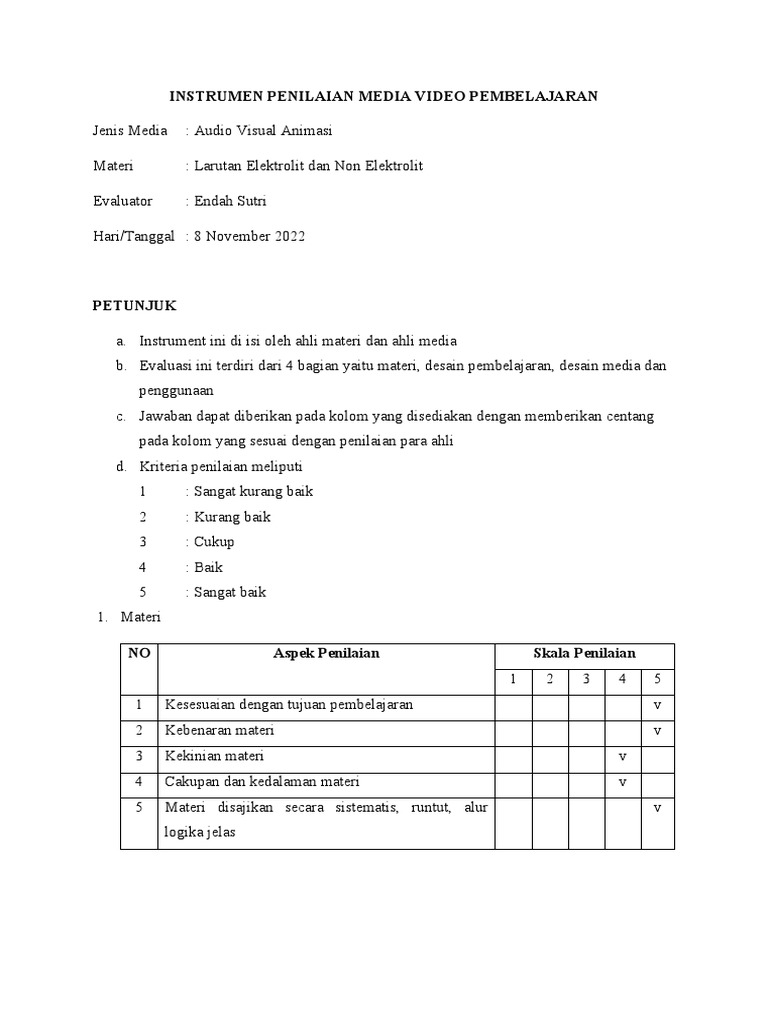 Instrumen Penilaian Media Video Pembelajaran Santhy | PDF