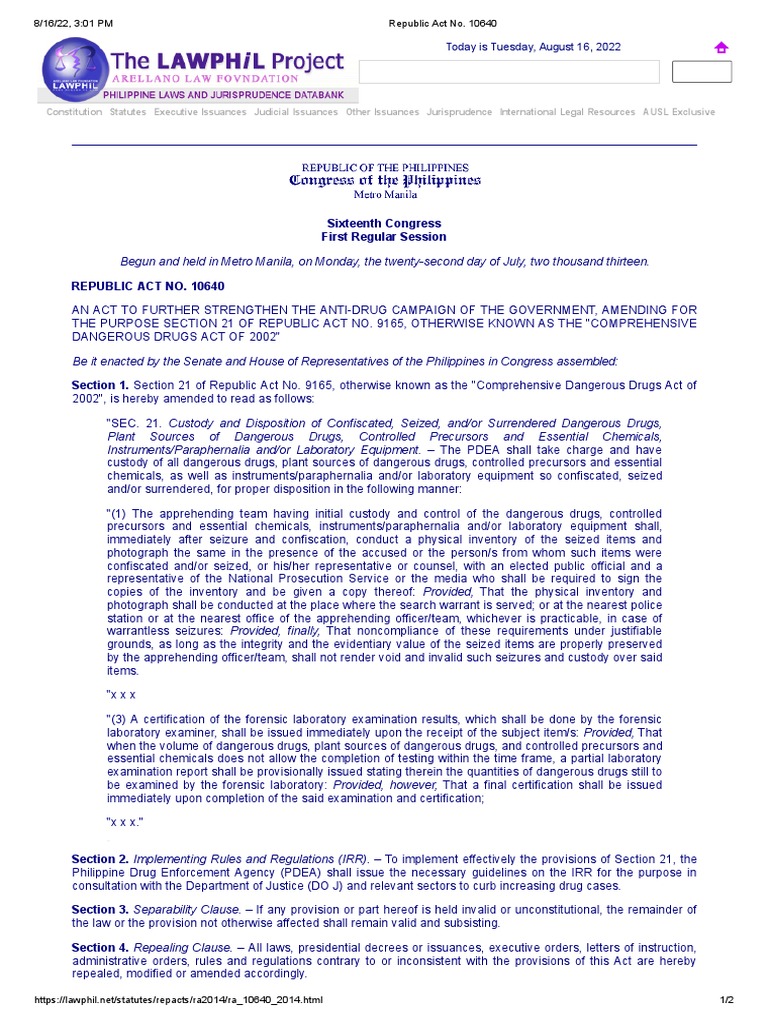 Republic Act No. 10640 DRUG ACT | PDF