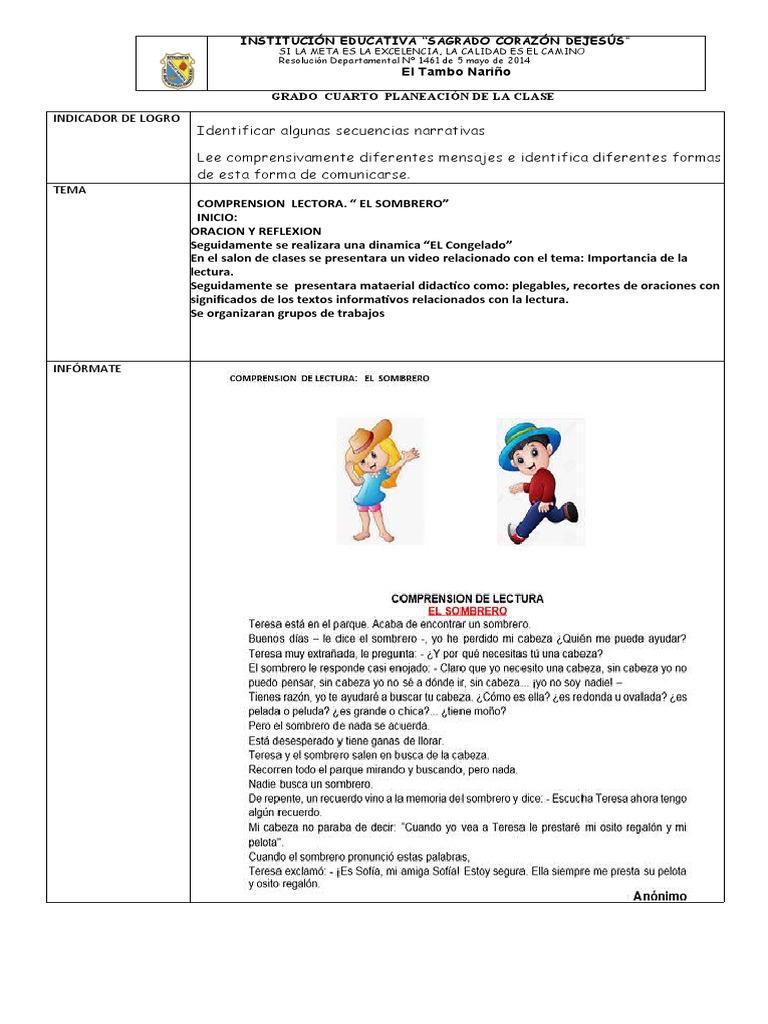 Plan de Clase Comprension Lectora El Sombrero. | PDF