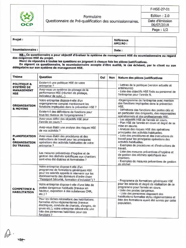 F-HSE-27-01 Formulaire Questionnaire de Pré-Qualification Des ... F-HSE-27-01 Formulaire Questionnaire de Pré-Qualification Des ...
