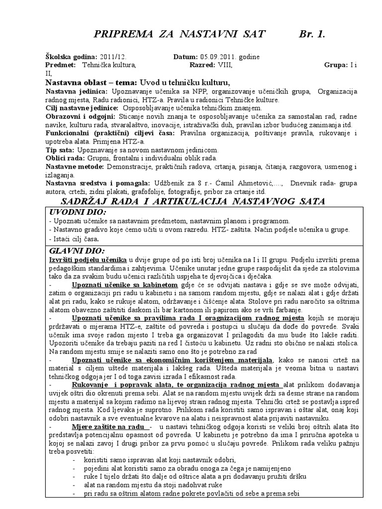 Priprema Za Nastavni Sat Br. 1.: Sadržaj Rada I Artikulacija Nastavnog ...