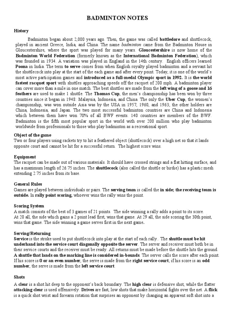 Badminton Notes | PDF | Leisure | Recreation