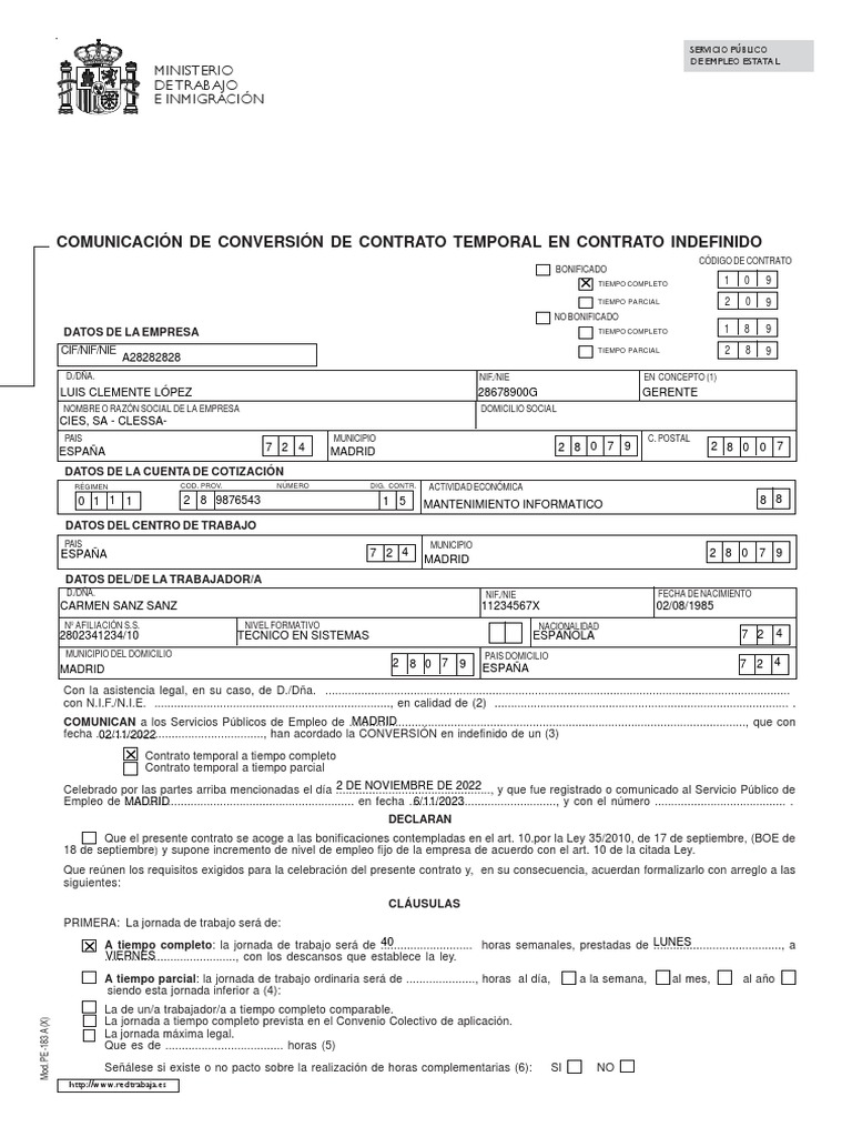 Mod 183 Conversion de Contrato Temporal en Indefinido | PDF | Tiempo de trabajo | Gobierno