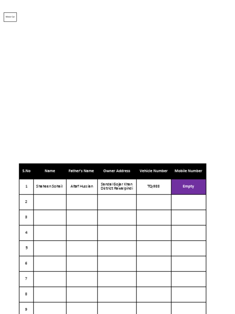 Excise Vehicle Worksheet | PDF