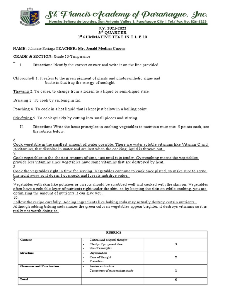Tle 10 Summative Test Pdf Nutrition Diet Nutrition