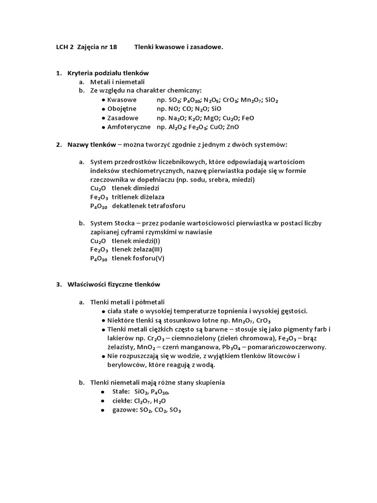 LCH 2 Zajêcia NR 18 - Tlenki Kwasowe I Zasadowe | PDF