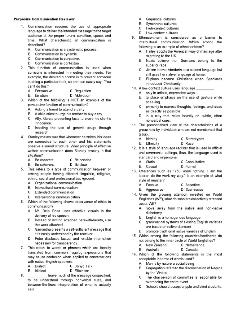 Purposive Communication Reviewer | PDF | Communication | Cross Cultural ...