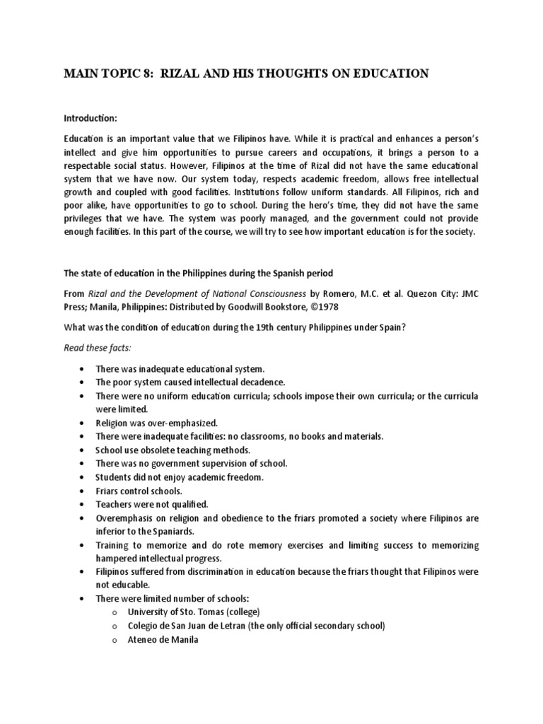 Main Topic 8 Rizal and His Thoughts On Education | PDF
