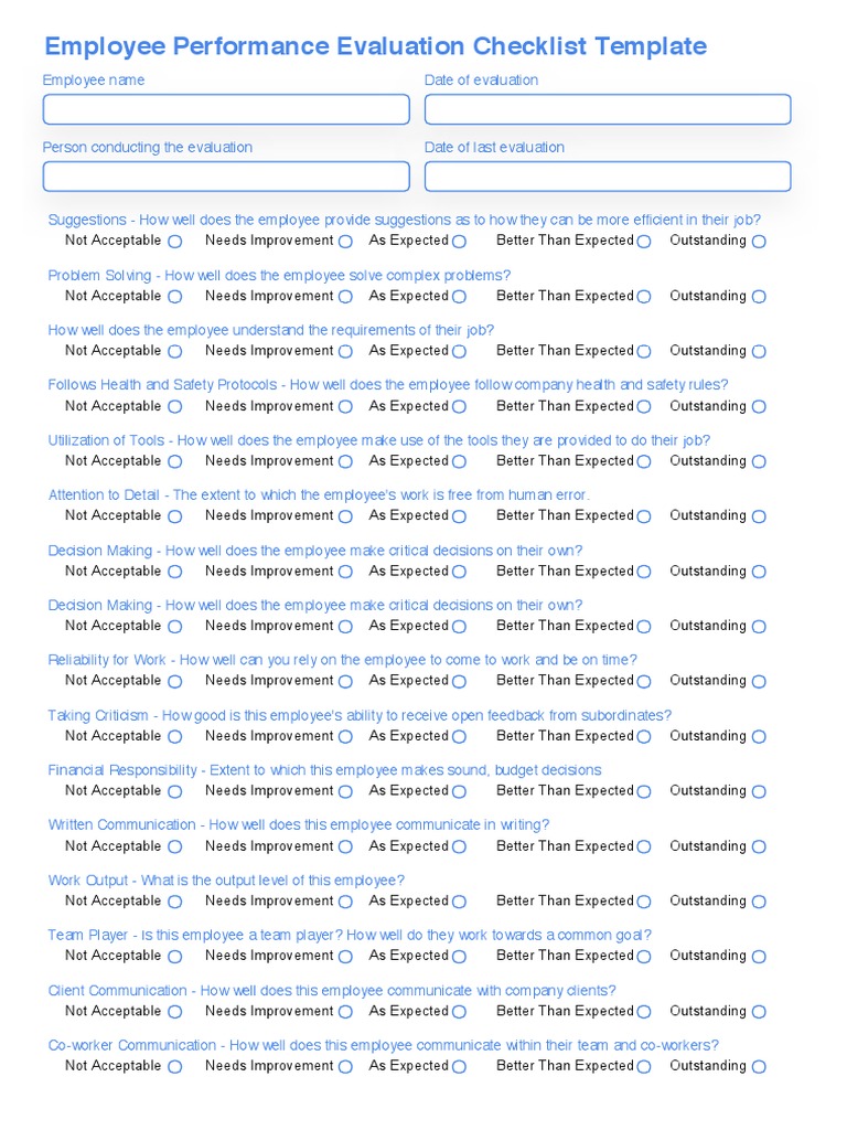 Employee Performance Evaluation Checklist | PDF | Performance Appraisal ...