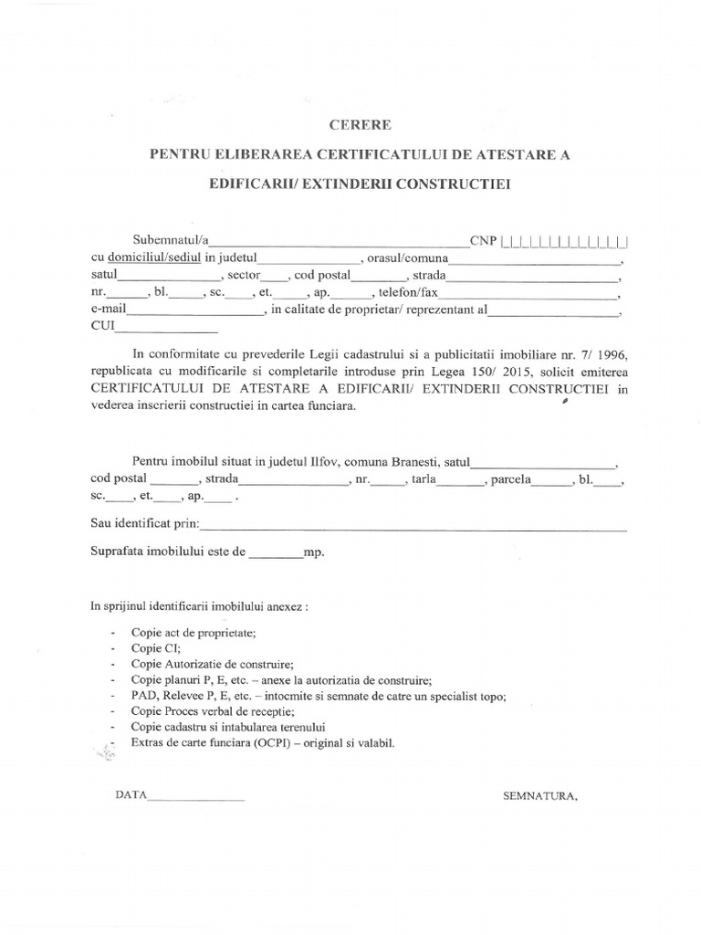 Cerere - Certificat de Atestare A Edificarii Constructiei | PDF
