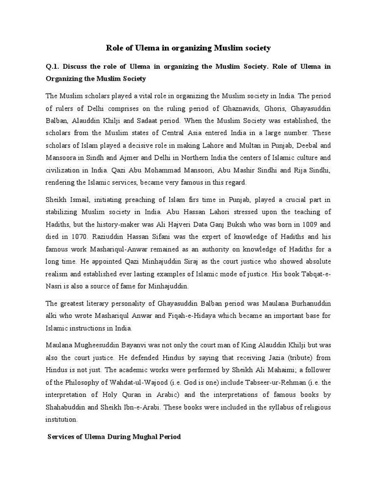 Role of Ulema in Organizing Muslim Society | PDF | Jihad | Sufism