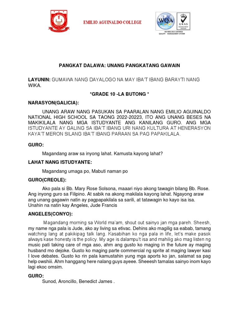 4.) Pangkatang Gawain (Dayalogo - Barayti NG Wika) | PDF