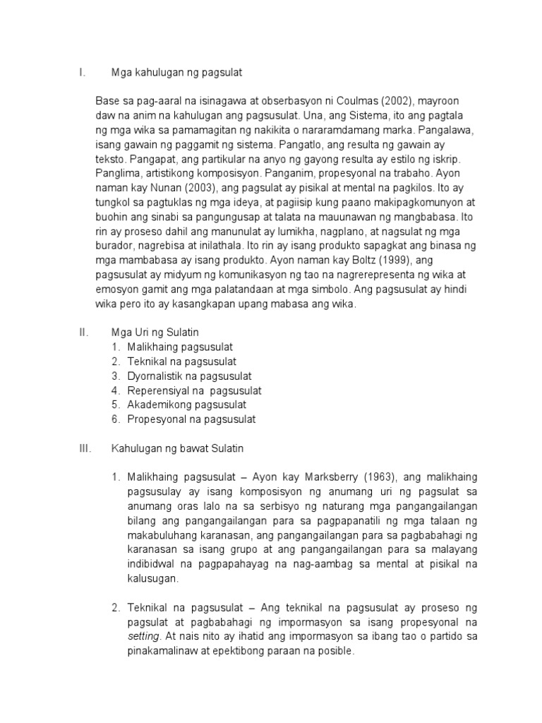 Mga Kahulugan NG Pagsulat | PDF