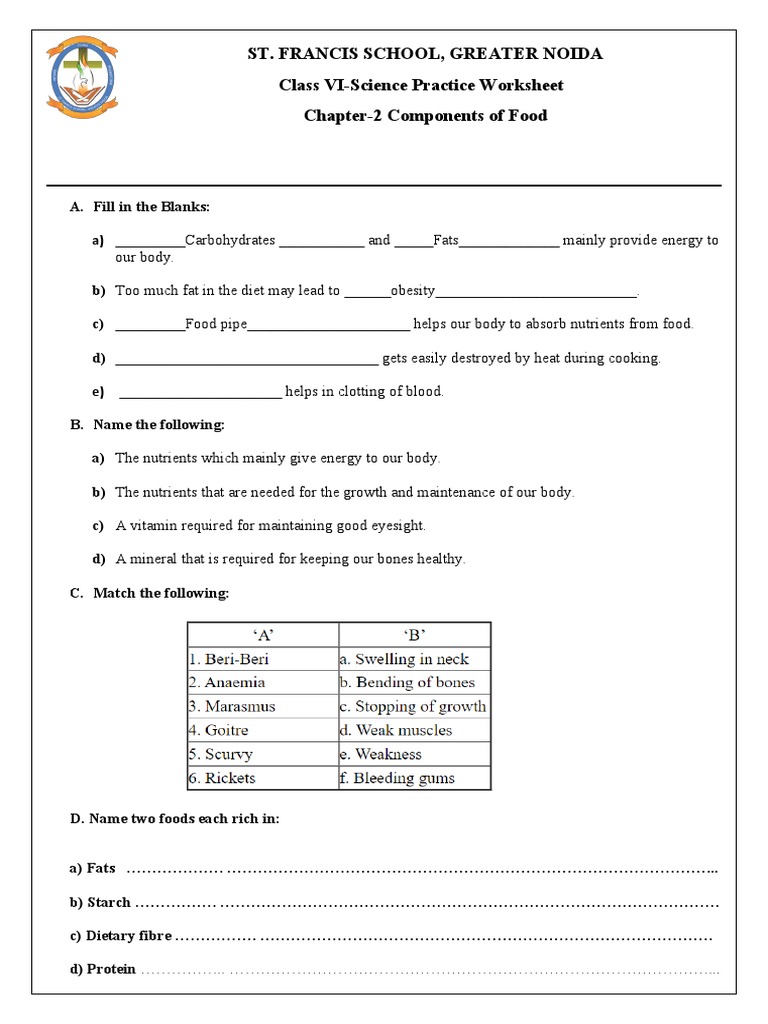 CH2 Worksheet | PDF | Nutrients | Diet (Nutrition)
