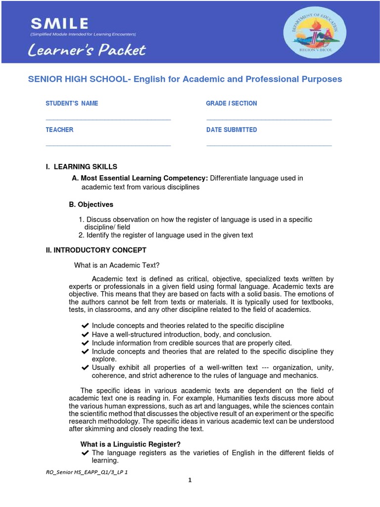 EAPP Grade-11-12 S1-2 Q1-3 LP-1 | PDF | Cognition | Cognitive Science