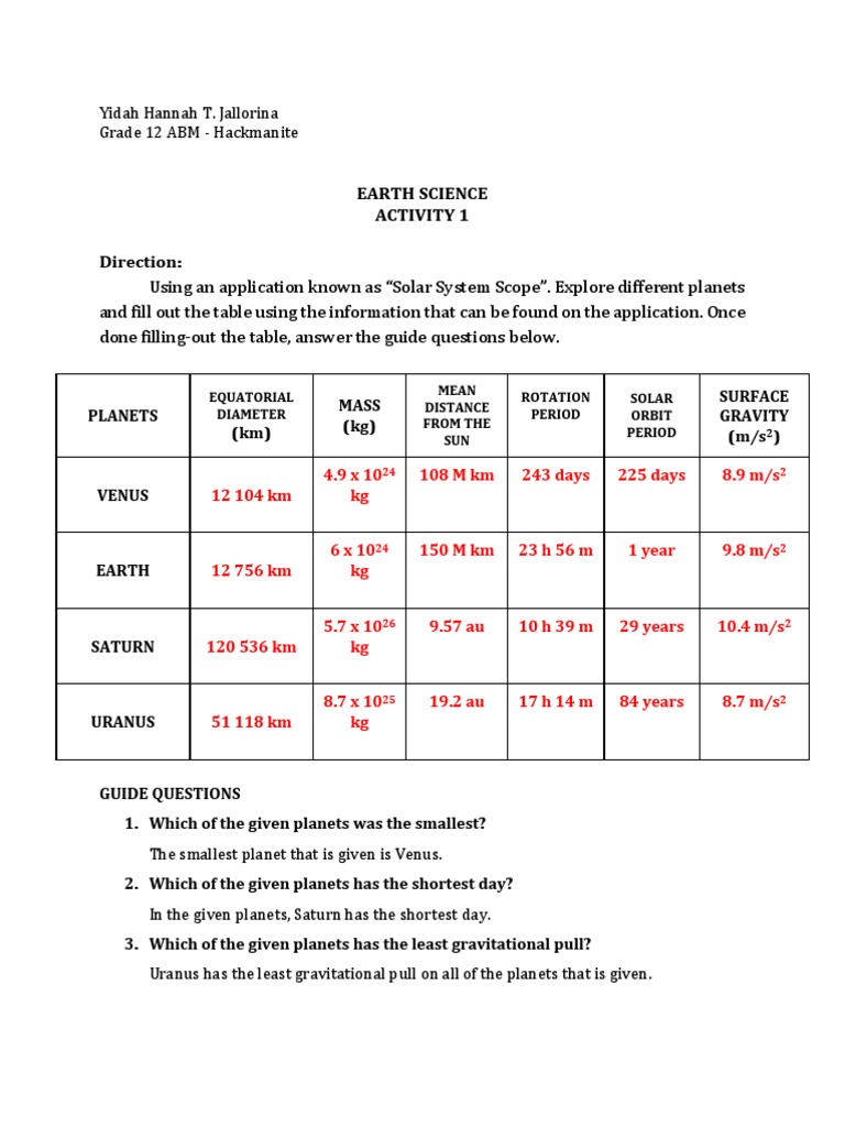 Earth Science Activity 1 Exploring Planets with Solar System Scope | PDF | Planets | Solar System
