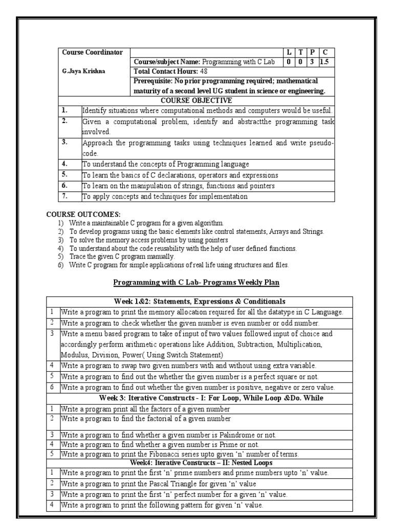 Programming With C Lab Programs Weekly Plan | PDF | Programming ... Programming With C Lab Programs Weekly Plan | PDF | Programming ...