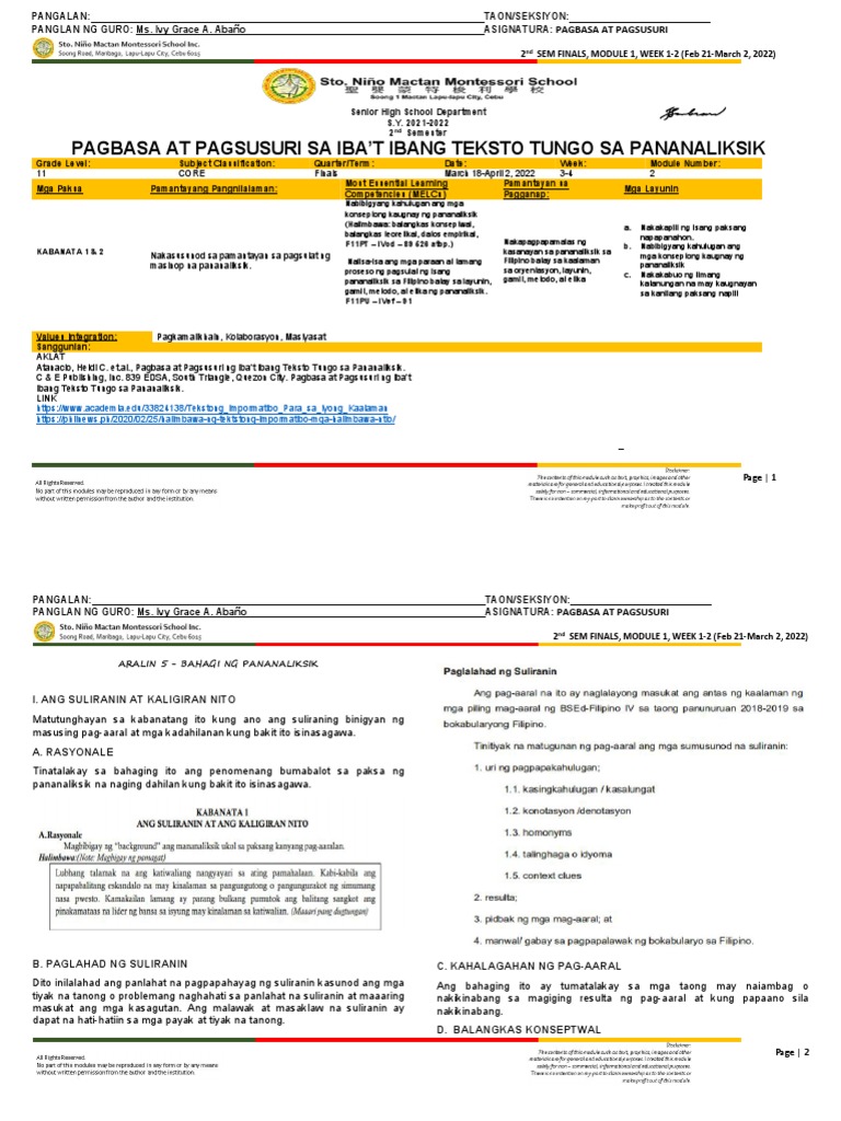 Pagbasa at Pagsusuri Module 2 Finals | PDF