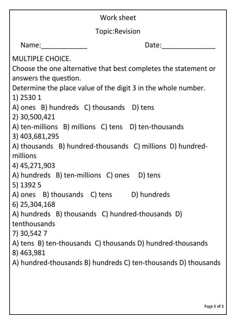 Place Value Revision Worksheet | PDF | Teaching Methods & Materials ...