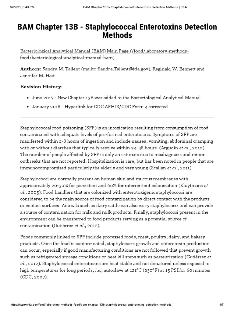 BAM Chapter 13B. Staphylococcal Enterotoxins Detection Methods | PDF ...