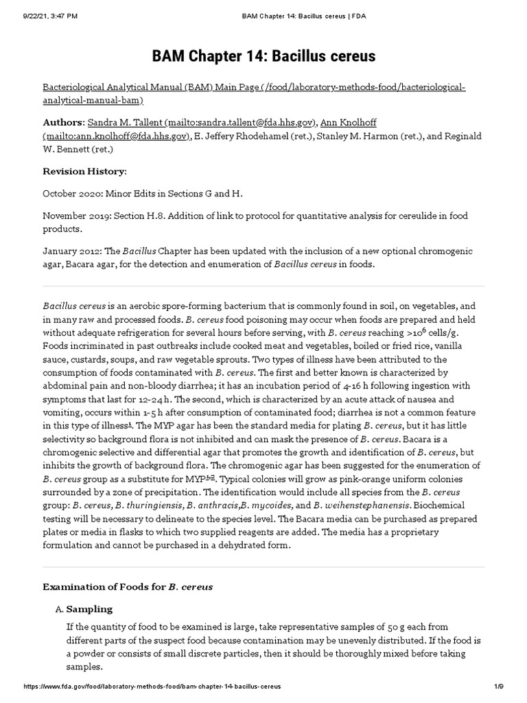BAM Chapter 14. Bacillus Cereus | PDF | Growth Medium | Bacillus