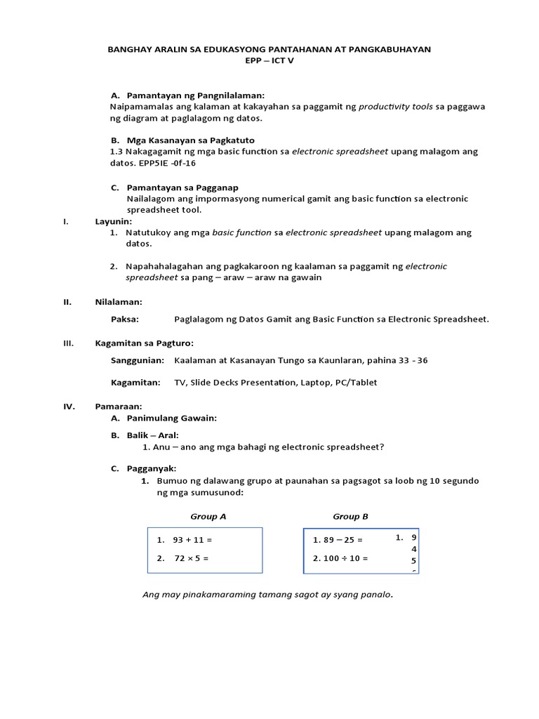 EPP - ICT - GR5 Paggamit Sa Basic Functions Sa Electronic Spreadsheet Tool | PDF