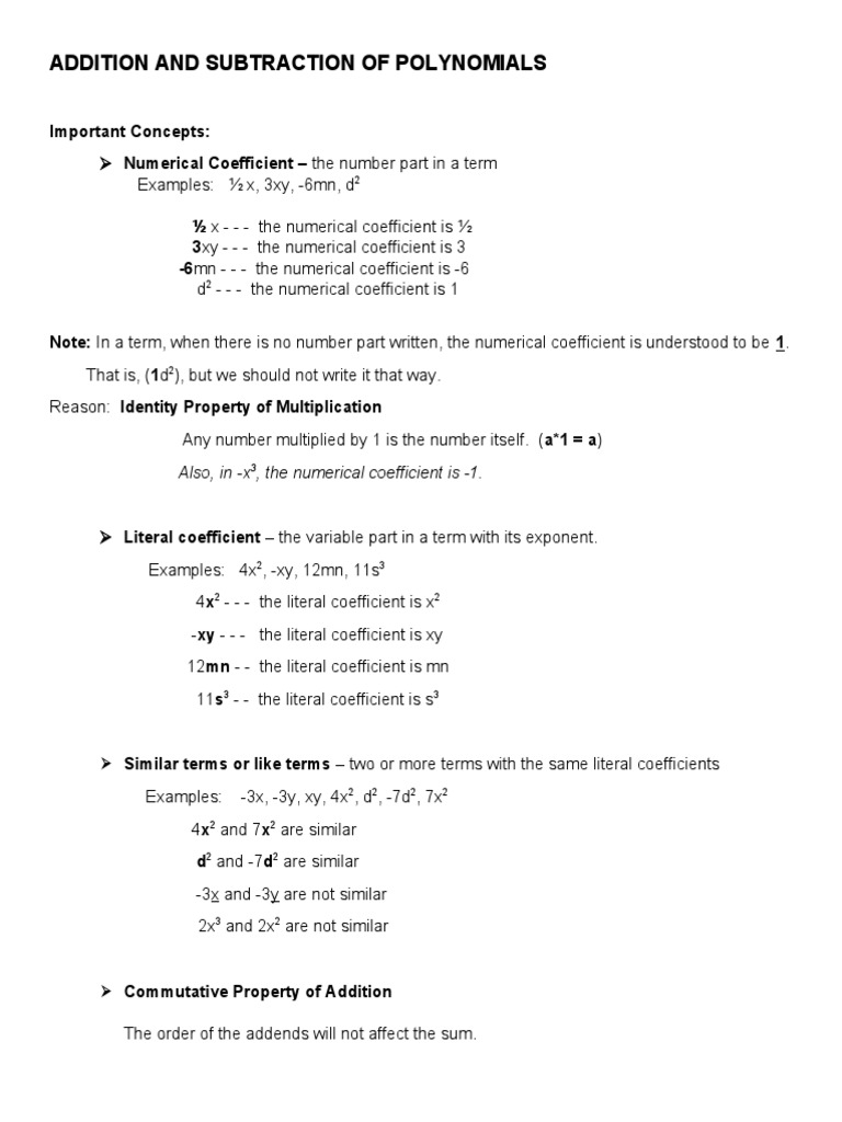 Addition and Subtraction of Polynomials | PDF | Subtraction | Computational Science