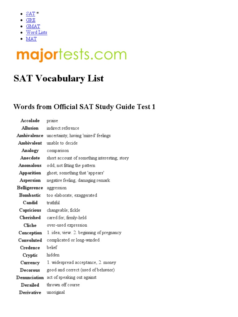 SAT Vocabulary List: Words From Official SAT Study Guide Test 1 | PDF ...