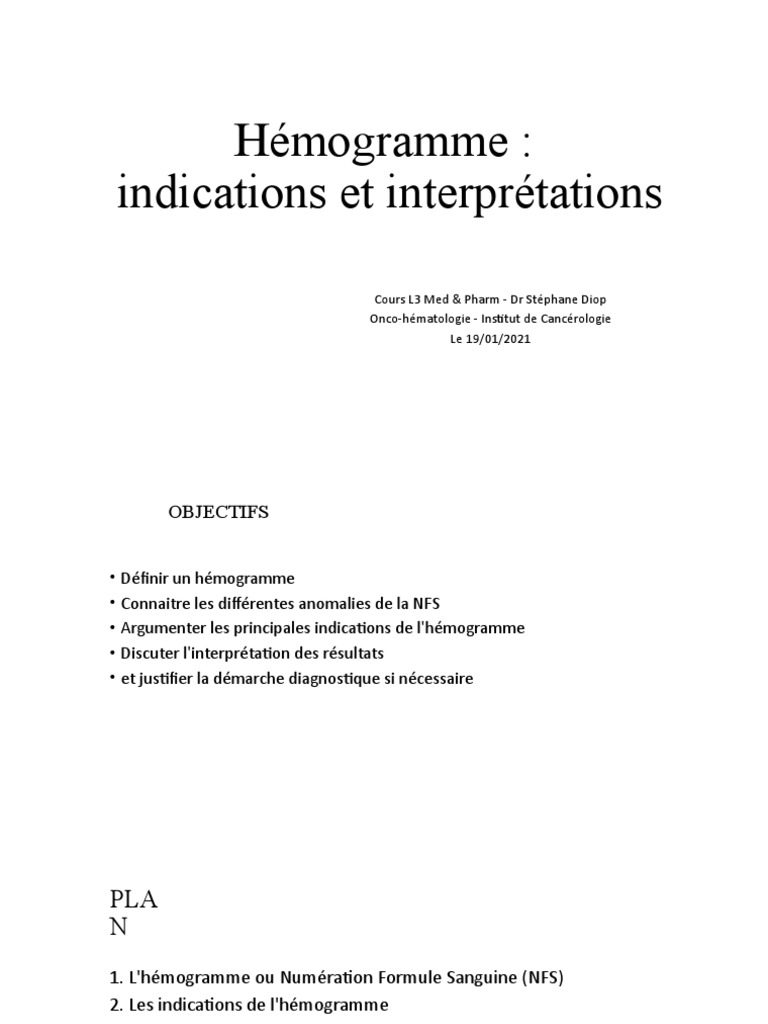 Hémogramme Et Interprétations L3 Med & Pharm | PDF