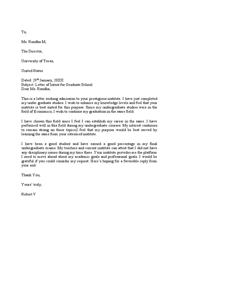 Graduate School Letter of Intent Sample | PDF