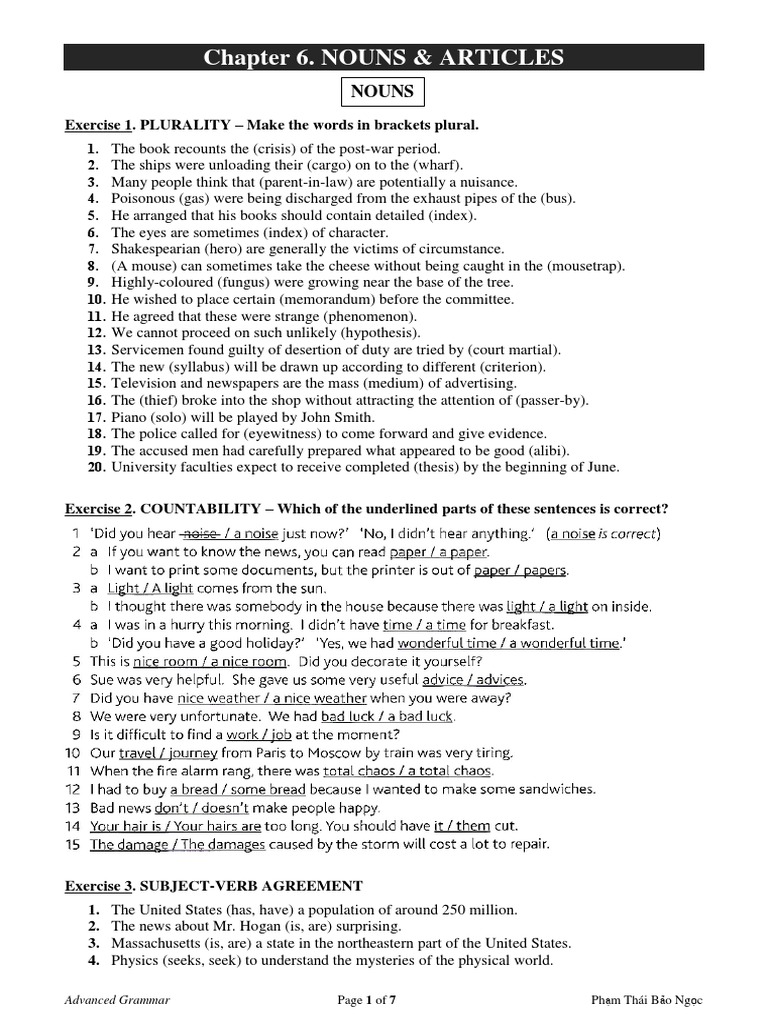 An Analysis of Nouns, Articles, and Subject-Verb Agreement in an English Grammar Document | PDF ...