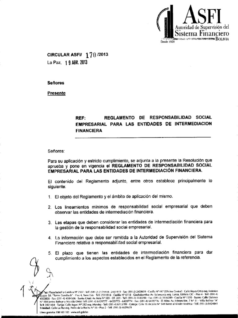 ASFI Circular 170 Reglamento RSE para Las EIFs Abril 2013 | PDF