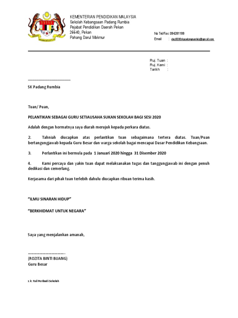 Surat Lantikan Tugas Di Sekolah | PDF