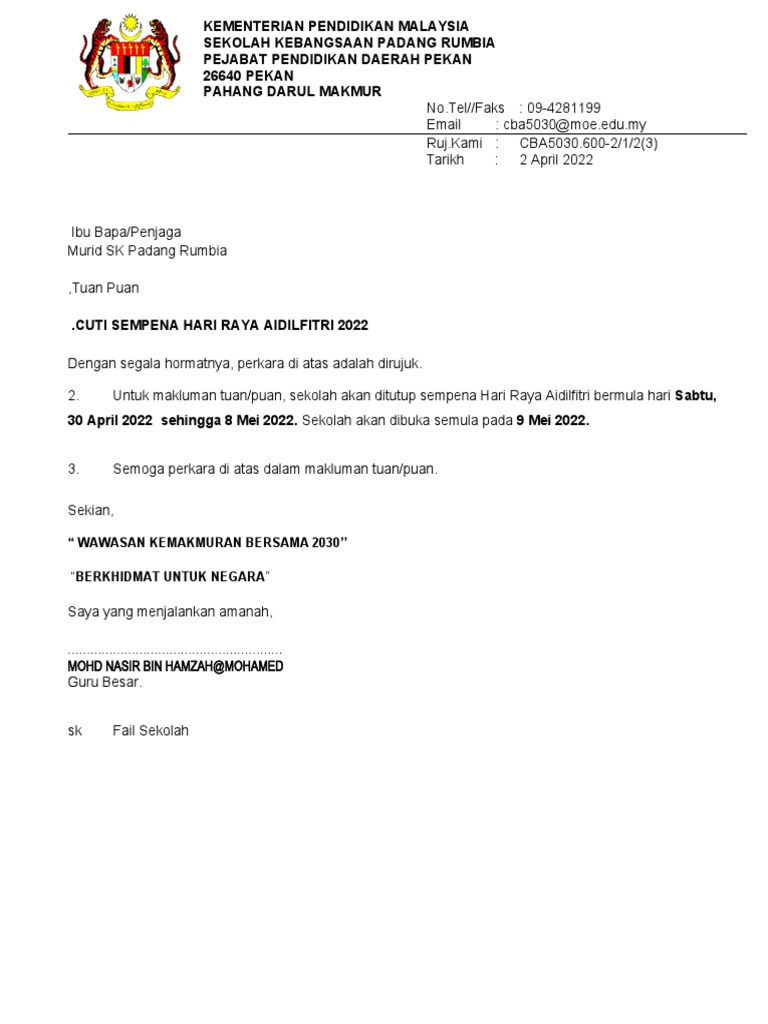 Surat Makluman Cuti Hari Raya 2022 | PDF