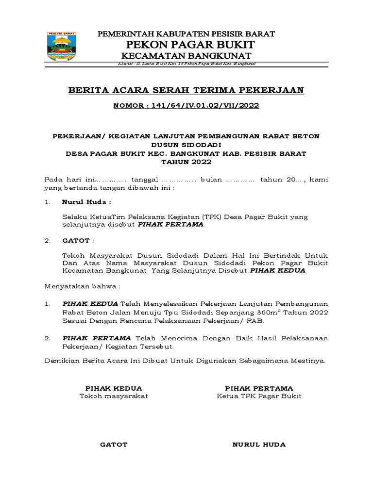 Berita Acara Serah Terima TPK Ke Kades | PDF