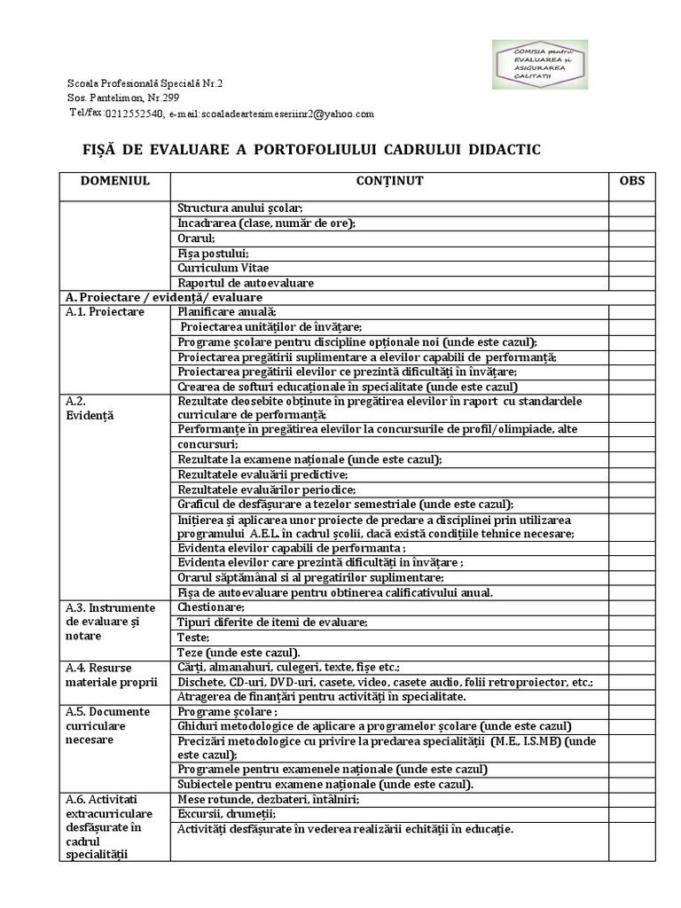 Fisa de Evaluare A Portofoliului Cadrului Didactic CATEDRA TEHNICA | PDF
